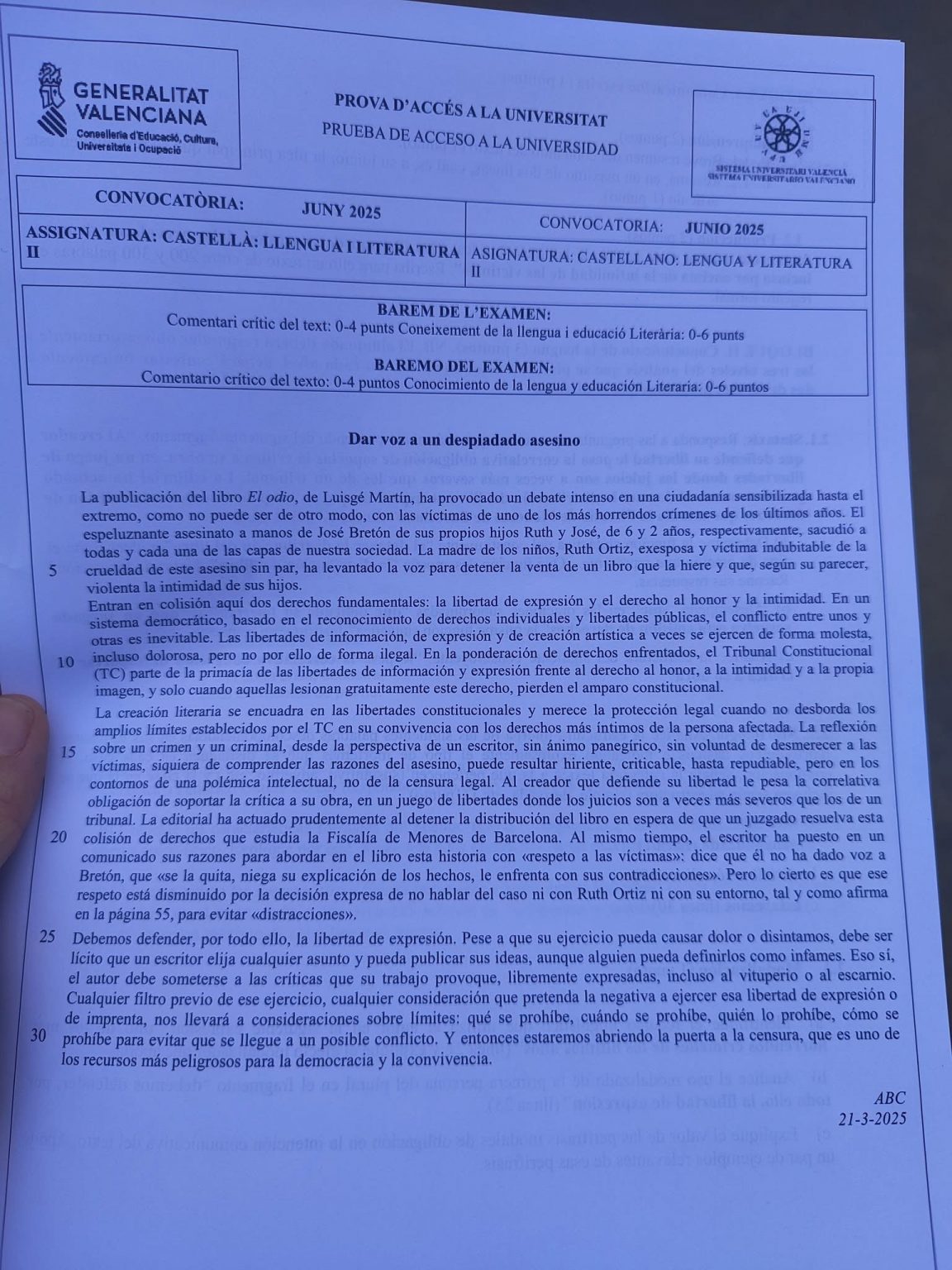 Examen Lengua Castellana Canarias 2025 - Sergio Mira Jordán